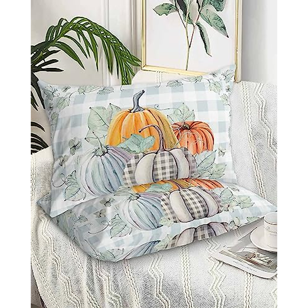 Thanksgiving Pillow Covers Standard Size Set of 2 Bed Pillow, Farmhouse Teal Plaid Fall Pumpkin Maple Leaves Plush Soft Comfort for Hair/ Skin Cooling Pillowcases with Envelop Closure 20''x26''
