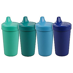 Re Play 4pk - 10 oz. No Spill Sippy Cups for Baby, Toddler, and Child Feeding in Sky Blue, Aqua, Navy Blue and Teal | BPA Free | Made in USA from Eco Friendly Recycled Milk Jugs | True Blue+