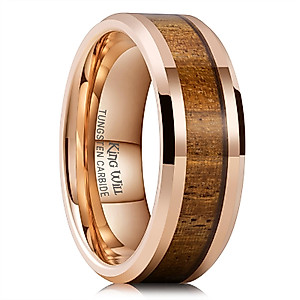 King Will Nature Koa Wood Inlay Tungsten Carbide Wedding Ring 8mm Rose Gold High Polished Comfort Fit 9.5