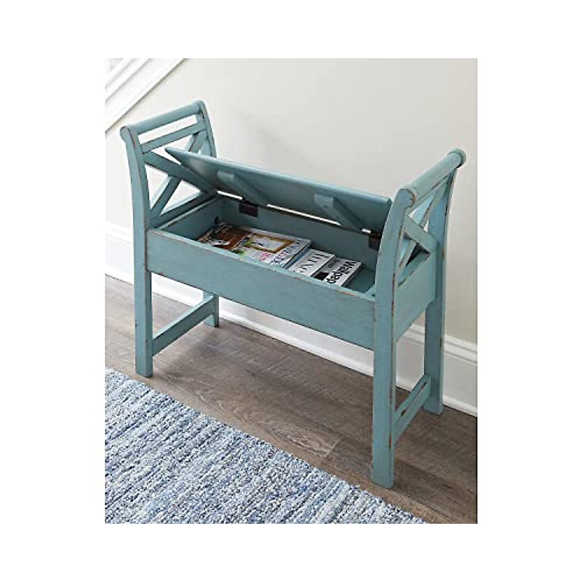 Signature Design by Ashley Heron Ridge Antique Distressed Wood Accent Bench with Storage, Blue