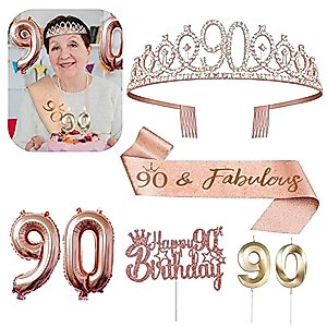 90th Birthday Decorations for Her, Birthday Sash, Crown/Tiara, Candles, Cake Toppers, Balloons, Birthday Gifts for Women, 90th Birthday Decorations for Women, Rose Gold (90th)