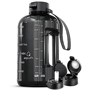 AQUAFIT Half Gallon Water Bottle with Time Marker - Straw & Chug Lid - Big Water Bottle with Straw - BPA Free Gym Water Bottle with Handle - Gallon Water Jug (64 oz - 2 Lids, Gray)