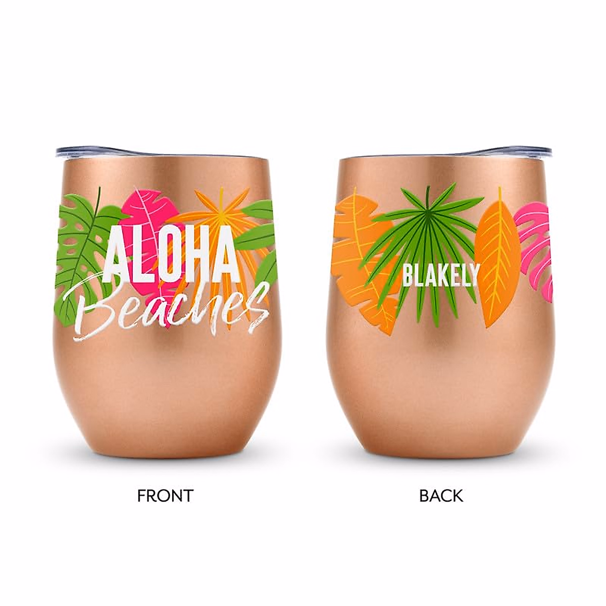 WEDDINGSTAR Personalized Stemless Travel Tumbler 12oz – Insulated Stainless Steel Wine Glass with Lid - Aloha Beaches - Rose Gold