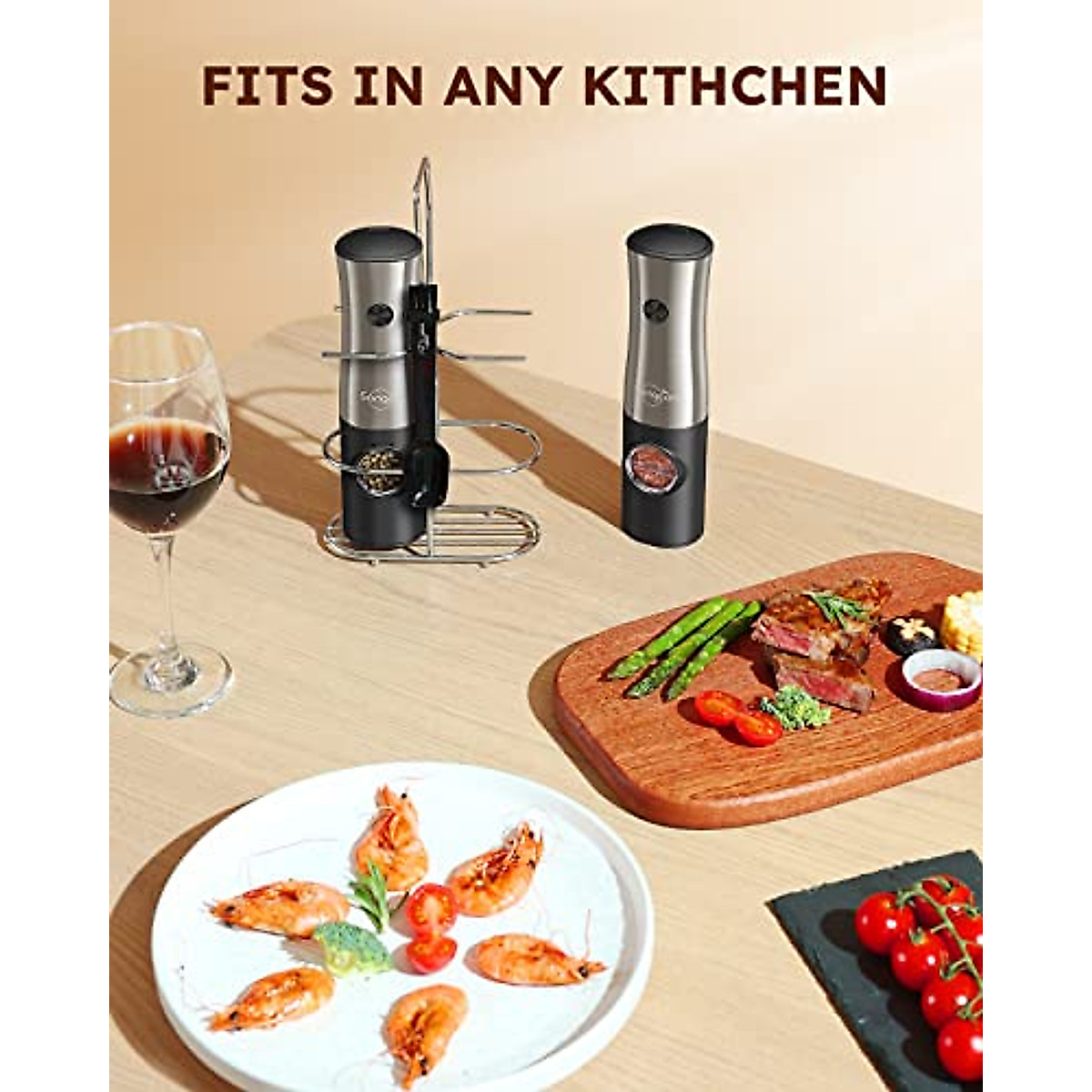 Sangcon Electric Salt and Pepper Grinder Set - Automatic Pepper Mills with LED Light - Battery Operated Salt and Pepper Shakers with Stand & Sangcon 5 in 1 Blender and Food Processor Combo for Kitche