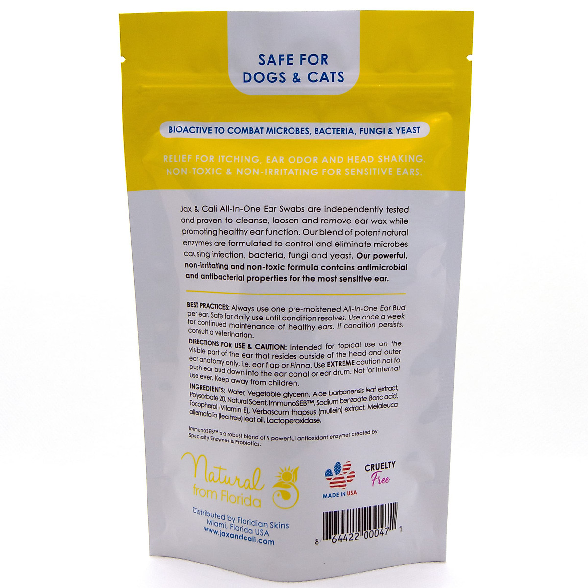 JAX & CALI All-in-One Ear Swabs for Dogs and Cats, All Natural Ear Cleaner for Relief of Itching and Odor, for Healthy Ear Function, 40 Pre-Moistened Ear Cleaners