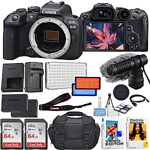 Canon EOS R10 Mirrorless Camera (Body Only) + Canon DM-E100 Directional Microphone + 2pc 64GB Memory Cards + LED Video Light + Case & More (Renewed)