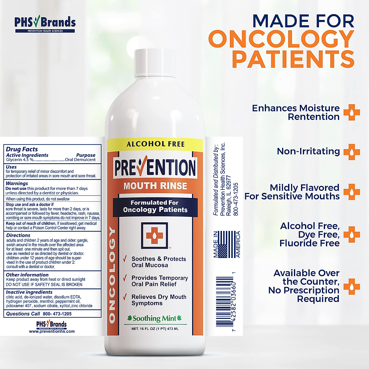 Prevention Oncology Alcohol Free Mouthwash, Soothing, Gentle, & Moisturizing, Mouthsore and Dry Mouth Mouthwash Specially Formulated for Patients Undergoing Oncology Treatment - 16 oz Bottle, 1-Pack