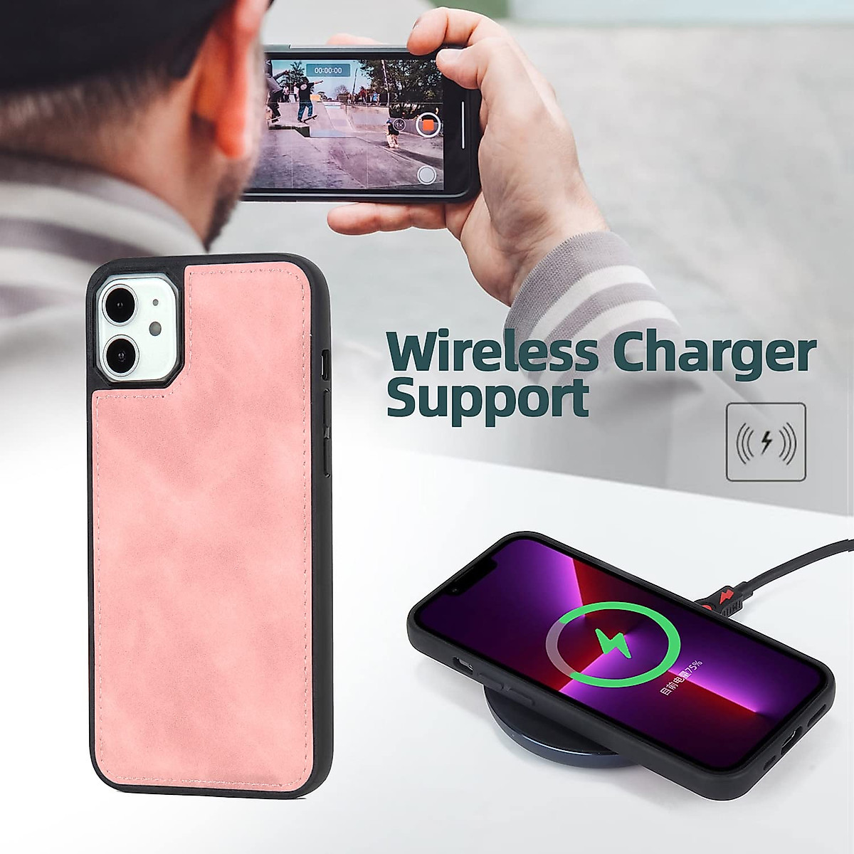 TwoHead for iPhone 11 Wallet case with Card Holder & Detachable Magnetic Phone case, PU Leather case Wallet for Women/Men,Wallet Phone Case (Pink)