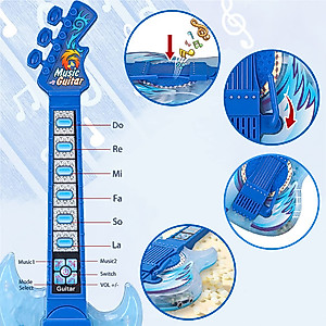 TAKIHON Guitar and Microphone Set for Kids,Guitar Toys with Music&Colorful Light,Adjustable Height Microphone with Stand,Karaoke Toys Gift for Boy,Girls,Toddlers(Blue)-Upgraded