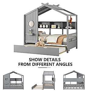HUMEHA Twin Bed Frames for Kids, House Bed with Trundle and Shelves, Wood Playhouse Platform Bed Frame with Window and Fence for Boys Girls, Gray, 74.4" L x 42.7" W x 72" H