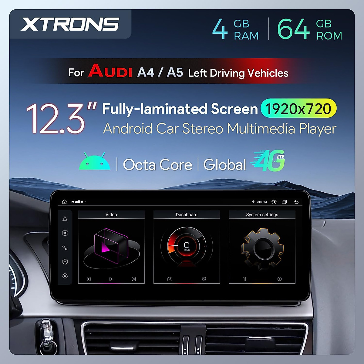 XTRONS 12.3 Inch Android 13 Car Stereo for Audi A4 S4 RS4 A5 S5 RS5 B8, IPS Touch Screen 4+64GB Global 4G Car Radio GPS Navigation Support Wireless Car Play Android Auto