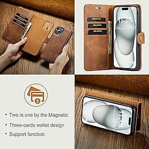 Smartphone Flip Cases Compatible with iPhone 15 Plus Case, DG.MING 2 in 1 Clucth Retro Real Cowhide Leather Folio Flip Wallet Magnetic Detachable Slim Phone Cover Case Compatible with iPhone 15 Plus,W