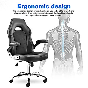 JHK Gaming Ergonomic Office Flip-up Armrest and Height Adjustable Desk Splicing PU Leather Computer Chair with Lumbar Support, 25.98D x 28.35W x 42.13H in, Black+Grey