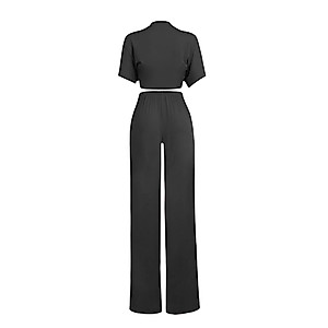 VLUNT Women's Sexy 2 Piece Outfits V-Neck Crop Top and Wide Leg Long Pants Jumpsuits Set,Black-S