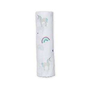 Lulujo Baby 100% Cotton Muslin Swaddle Blanket, 47 x 47-Inches, Rainbows and Unicorns