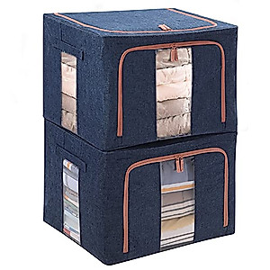 Tasmegol 4 Pack Stackable Steel Metal Frame Clothes Storage Bins Foldable Zipper Cloth Box Clothing Bags Large Clear Window Closet Containers Organizer for Bedding Sweater