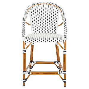 SAFAVIEH Outdoor Collection California White/Navy Bistro Woven Counter Stool with Arms (Fully Assembled)