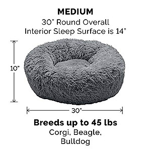 Furhaven 30" Round Calming Donut Dog Bed for Medium/Small Dogs, Refillable w/ Removable Washable Cover, For Dogs Up to 45 lbs - Shaggy Plush Long Faux Fur Donut Bed - Gray, Medium