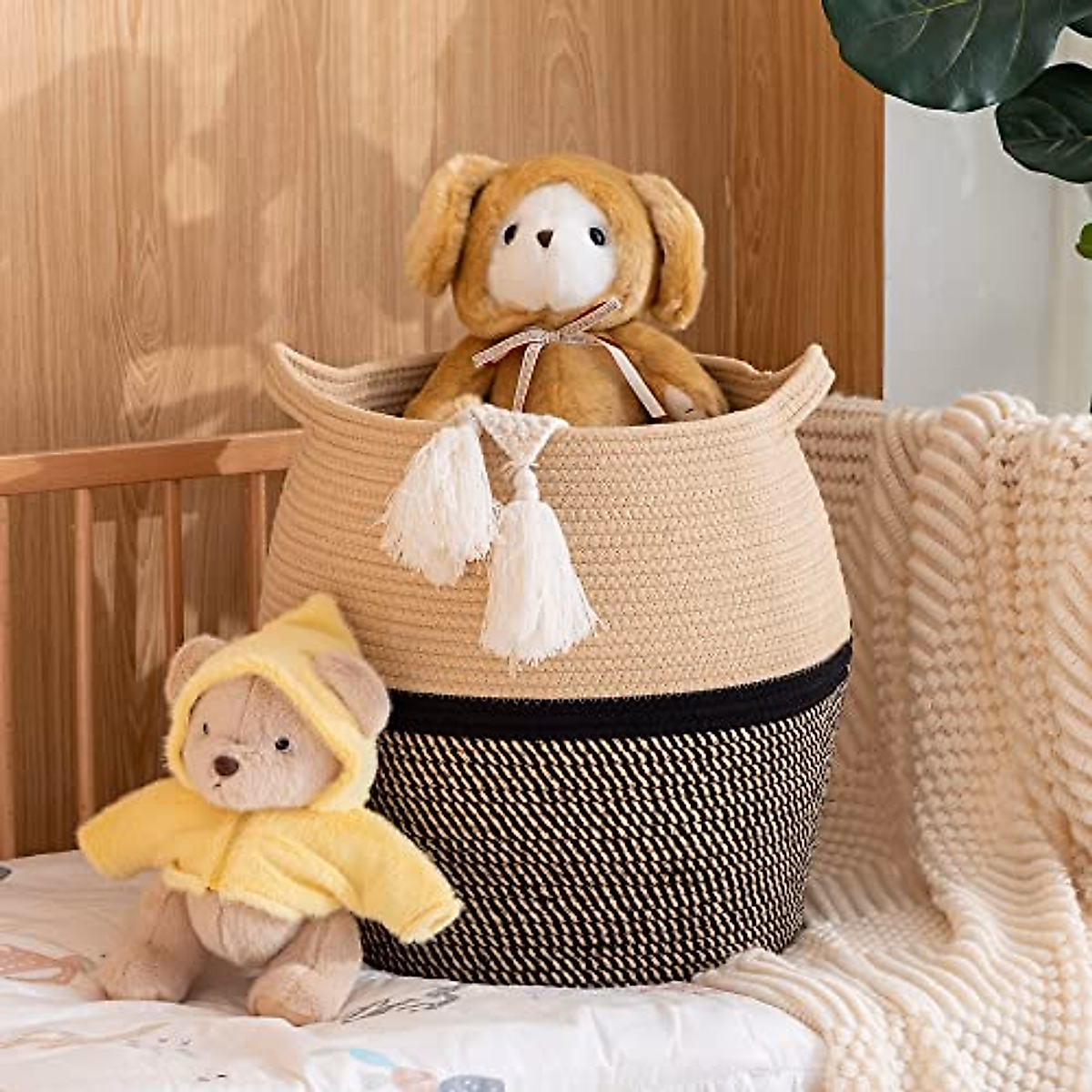 KAKAMAY Woven Baskets for Storage(17"x17"),Large Cotton Rope Basket Baby Laundry Hamper,Collapsible Basket, Blanket Organizing Living Room,Nursery,Clothes,Toy chest (Black)