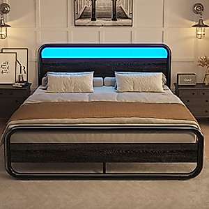 Catrimown King Bed Frame with Headboard LED Bed Frame King Metal Platform Bed Frame King Size Heavy Duty King Wood Platform Bed Frame Under Bed Storage Noise Free No Box Spring Needed