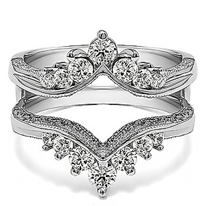 TwoBirch Sterling Silver Chevron Vintage Ring Guard with Millgrained Edges and Filigree Cut Out Design With Cubic Zirconia (0.74 ct., Size 9)
