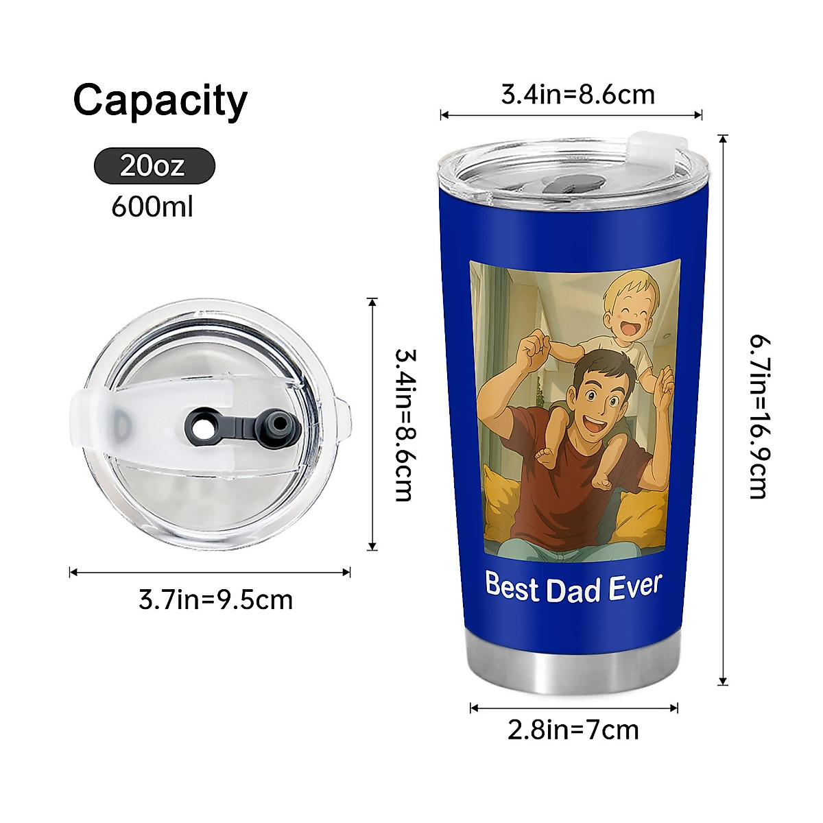 FESTIMAKE Personalized Tumbler with Name Photo, Customized Insulated Coffee Travel Mug 20oz Stainless Steel Gift for Dad Mom Mother's Day Fathers Christmas Anniversary Birthday