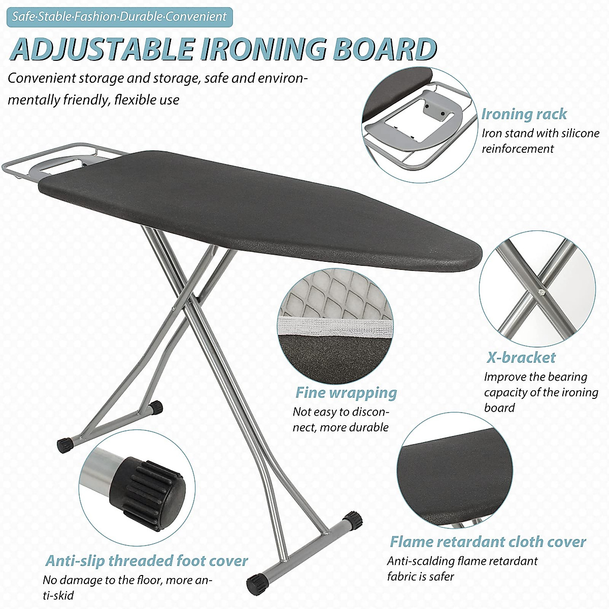 AKOZLIN 48" x 18" Extra Wide Ironing Board with Height Adjustable up to 36",Solid Steam Iron Rest,T-Leg Extreme Stability Foldable Ironing Board for Home Laundry Room Dorm Grey