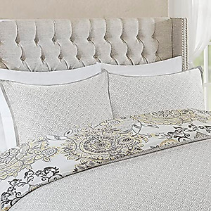 Madison Park Isla Reversible Cotton Duvet Set - Casual Medallion Floral to Damask Print Reverse, All Season Comforter Cover Bedding Set with Matching Shams, Yellow Full/Queen(90"x90") 3 Piece