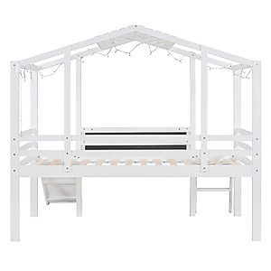 Merax Twin Loft Bed with Slide for Boys & Girls, Wood House Style with Blackboard & Light Strip, White
