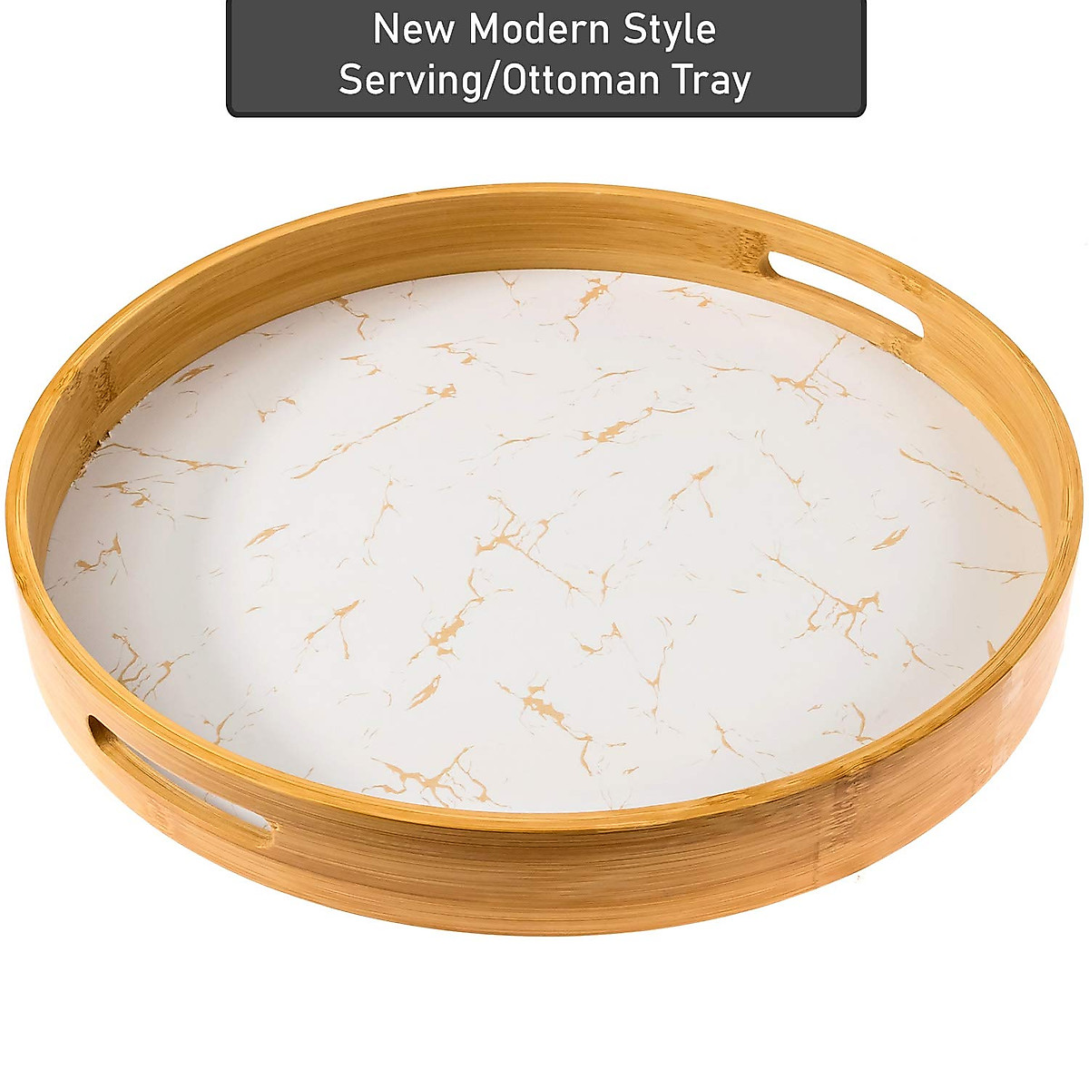 20 Bowls Large Round Bamboo Serving Tray, 16" White, Handles for Easy Transport