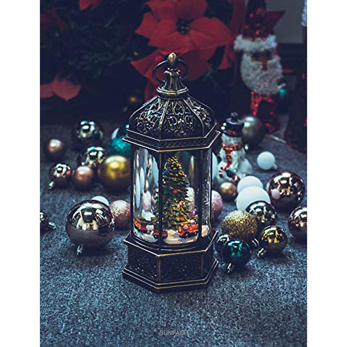 Christmas Snow Globe Lantern 11",USB & Battery Operated Lighted Swirling Glitter Water Lantern with Timer for Christma Home Decoration (Trees)