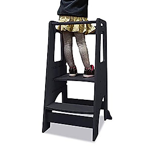 MOAMUN Wooden Step Stool for Kids, Adjustable Height Toddler Learning Helper Tower with Handle, Solid Wood Step Stool for Kitchen,Bathroom,Bedroom (Black)