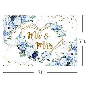 AIBIIN 7x5ft Mr and Mrs Floral Backdrop for Bridal Shower Blue and White Flowers Photography Background Hearts Geometric Couple Wedding Party Decorations Bride to Be Engagement Banner Props