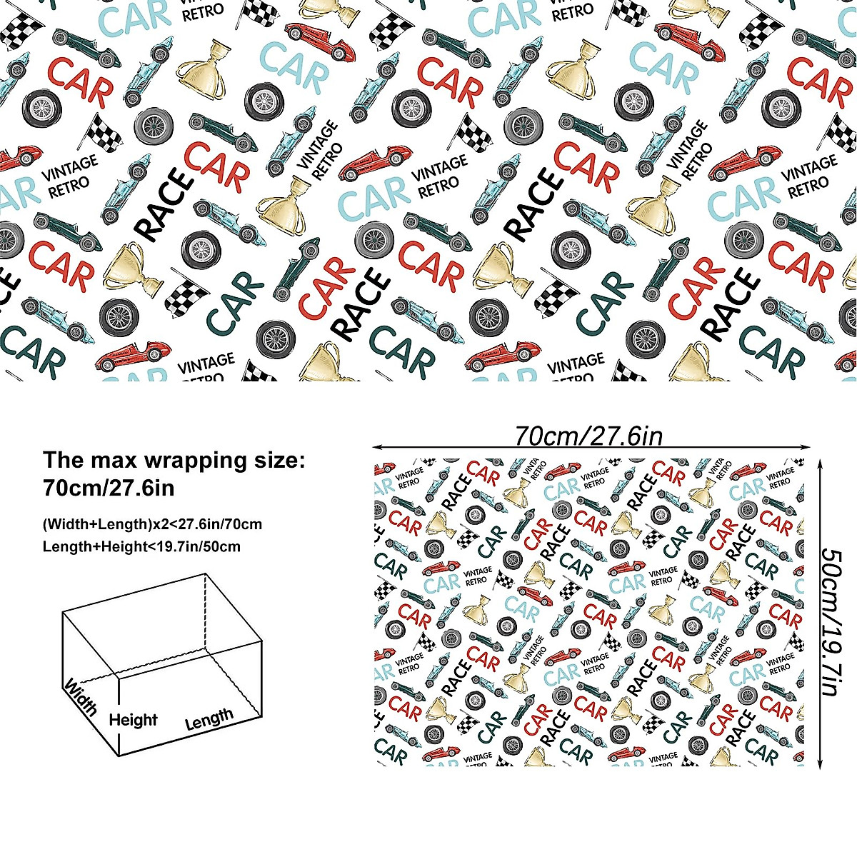 Vnaaem 8 Pc Race Car Wrapping Paper - Birthday Wrapping Paper for Kids Boys - Vintage Retro Car Gift Wrap for Christmas Birthday Baby Shower Holiday 19.6 X27.8Inch