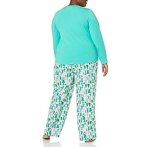 Amazon Essentials Women's Lightweight Flannel Pant and Long-Sleeve T-Shirt Sleep Set, Ecru Festive Tree, Large