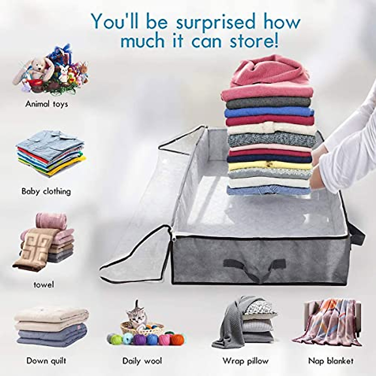 micilelife Under-Bed Storage Containers, Underbed Clothes Organizers with Reinforced Handles Foldable, Under the Bed Storage Containers for Bedroom Clothing, Blankets,3 Pack, Grey