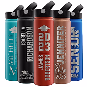 Graduation Gifts - Personalized Water Bottle w Straw Lid, Custom 6 Designs Water Bottle w Name | 24 oz - Red | Double Wall, Vacuum Insulated, Class of 2023, High School, College Gifts