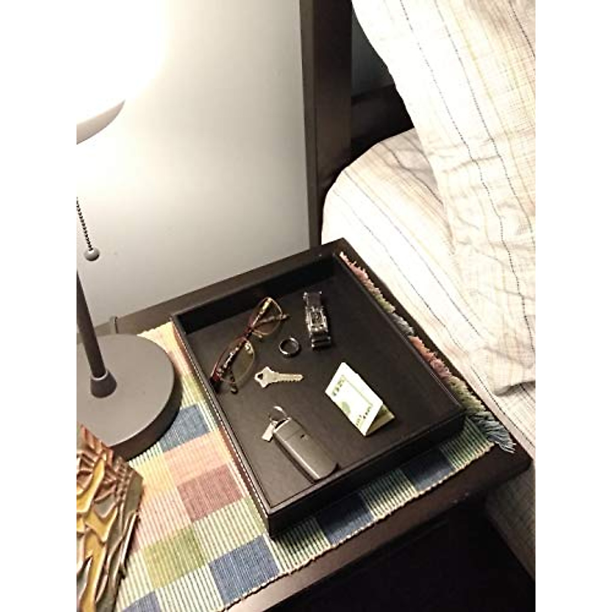 Valet Tray, Dresser Organizer, Desk Tray, Bedside Organizer, Key Bowl, Nightstand Organizer for Men, EDC Tray, Black PU Leather, 10.3 x 8.3 x 1.6 inches