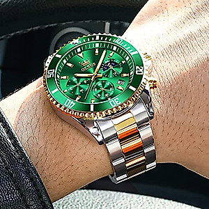 OLEVS Mens Watches Green Chronograph Luxury Dress Moon Phase Quartz Stainless Steel Waterproof Luminous Business Calendar Wrist Watch