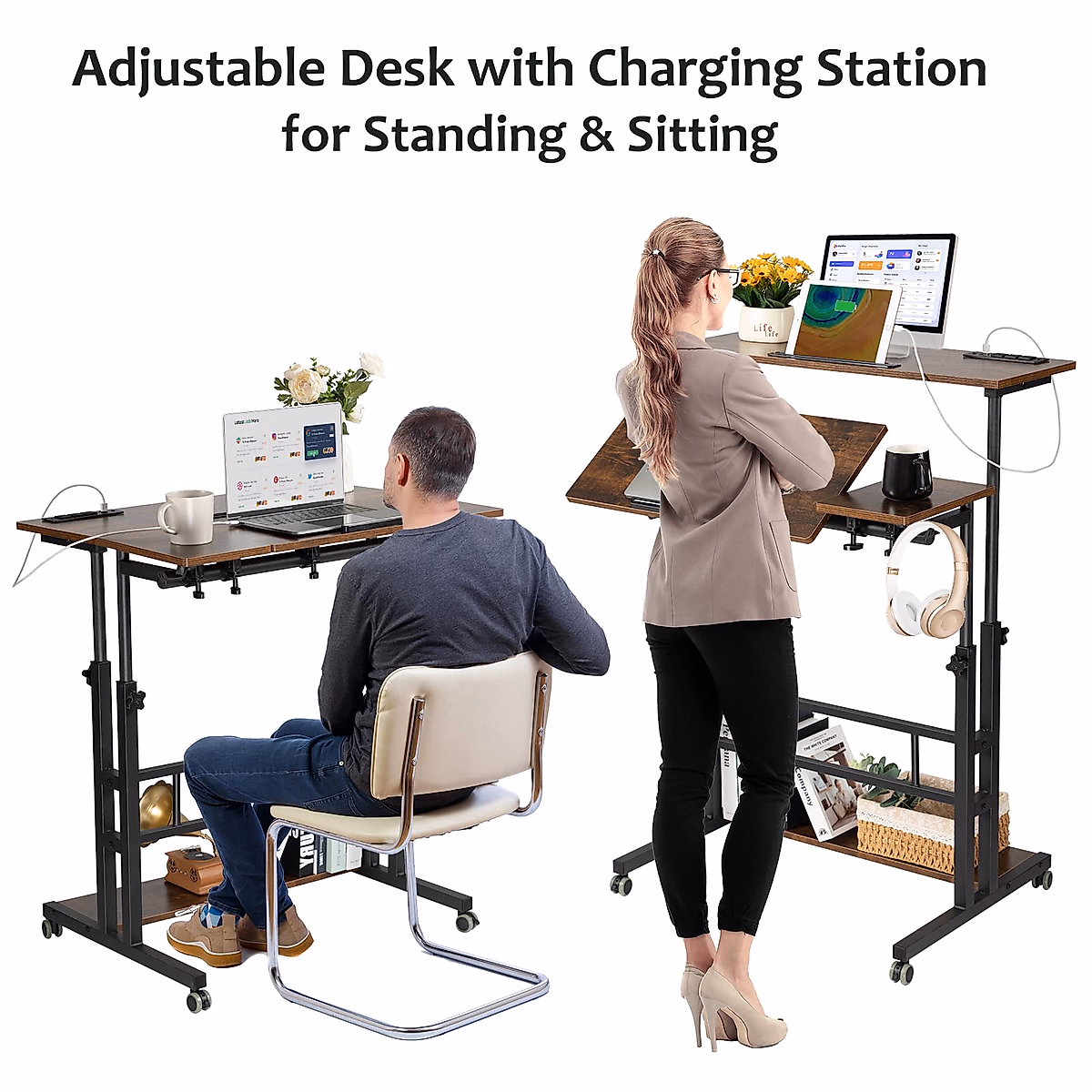 Hadulcet Mobile Standing Desk Adjustable Height, Rolling Desk Stand Up Desk, Mobile Laptop Desk, Rolling Computer Desk with Charging Station, Portable Desk with Wheels, Rustic Brown