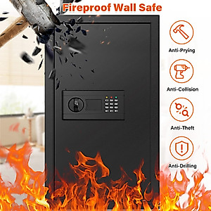 25.6" Tall Fireproof Wall Safes Between the Studs 16" Centers, Hidden Wall Safe with 2 Removable Shelf & Hidden Tray, Heavy Duty Wall Mount Safe for Firearms, Money, Jewelry, Passport Black