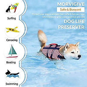 MORVIGIVE Striped Dog Life Jacket, Ripstop Dog Life Vest Preserver for Boating & Swimming with Rescue Handle, Reflective Puppy Float Coat Pet Swimsuit with Adjustable Straps and Side-Release Buckles