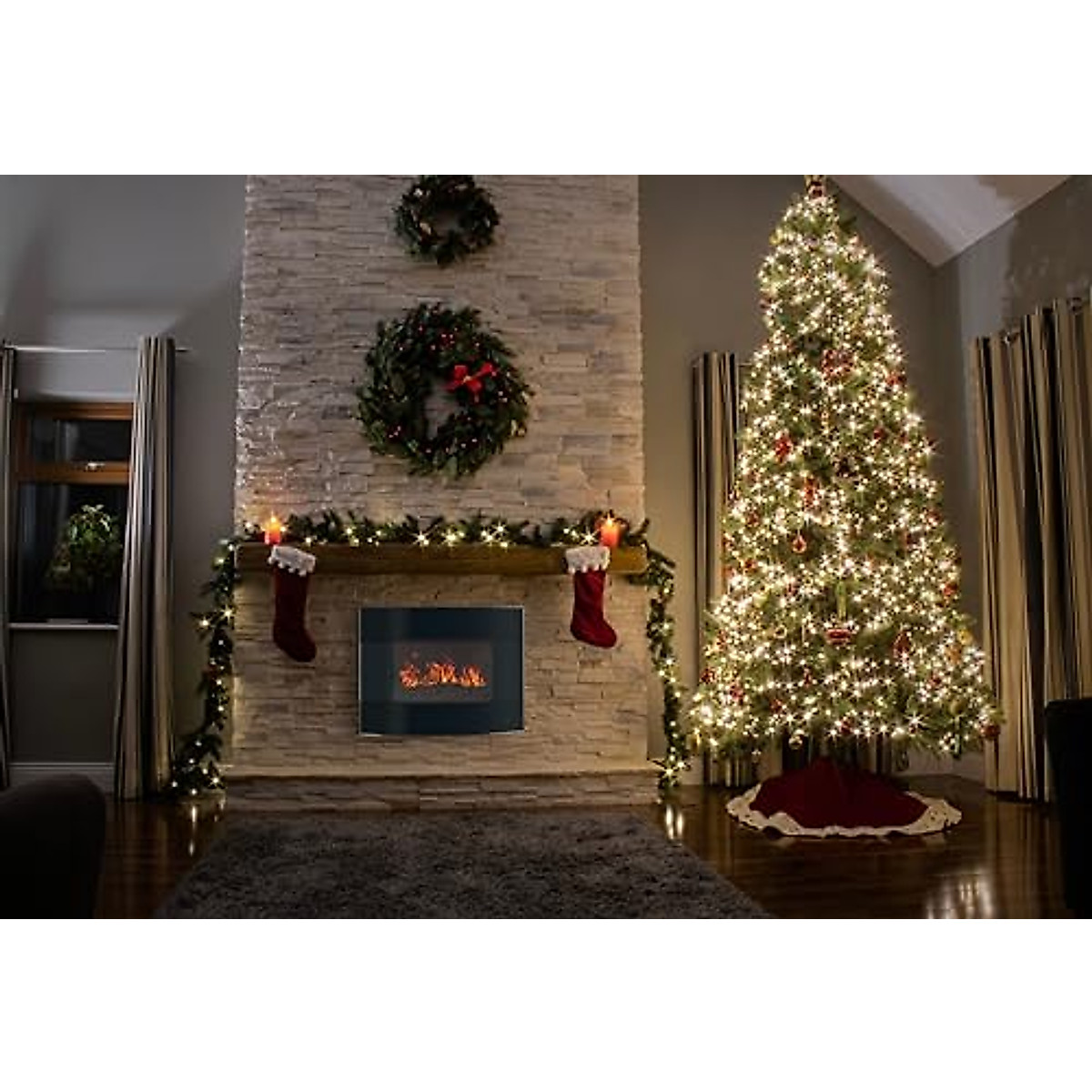 25.5-Inch Wall Mounted Electric Fireplace - Curved Glass Heater with Log Fuel Effect, Adjustable Flames, and Remote Control by Northwest (Black)