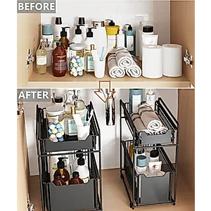 Simple Gear Heavy Duty 2-Tier Under Sink Cabinet Organizers with Sliding Storage Drawer, Pull Out Cabinets Organizer Shelf, Steel Shelf Basket Holds up to 150lbs for Kitchen Bathroom Cabinet or Pantry