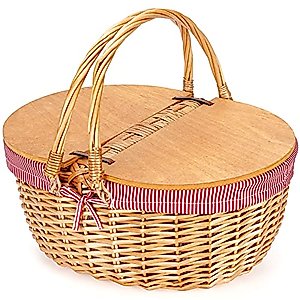 Wicker Picnic Basket with Liner, Wooden Split Lid Picnic Basket, Vintage-Style Wicker Picnic Hamper with Folding Woven Handle for Picnic, Camping, Outdoor, Valentine Day, Thanks Giving, Birthday (Red)