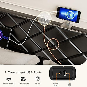 IKIFLY California King Floating Bed Frames with 2 USB Ports - Upholstered Faux Leather Cal King Platform Bed with LED Lights, No Box Spring Needed, Solid Wood Slats, Easy Assembly - Black