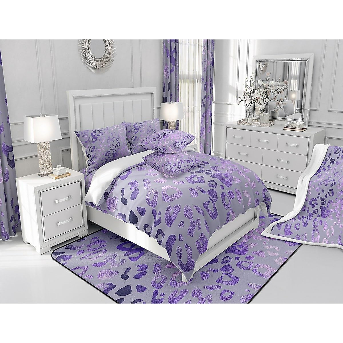 Purple Glitter Leopard Duvet Cover Queen Size,Cheetah Skin Comforter Cover with 2 Pillowcase for Teens,Kids Marble Abstract Art Bedding Set,Purple Leopard Breathable 3 Pieces Decorative Bed Cover