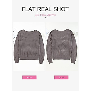 Dokotoo Womens Long Sleeve Tops Winter Fall Fashion 2024 Crewneck Drop Shoulder Ribbed Knit Textured Sweaters Solid Pullovers Jumper Gray Large