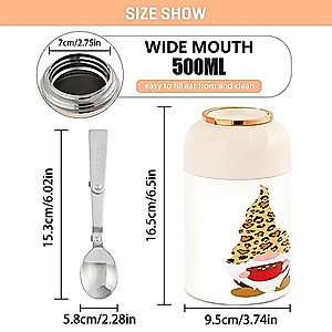 CUPADA Casual Leopard Gnomes Food Jar for Hot and Cold, Holiday Nordic Dwarfs Insulated Food Jars Vacuum 17OZ with Folding Spoon for Work Trip Picnic Camping