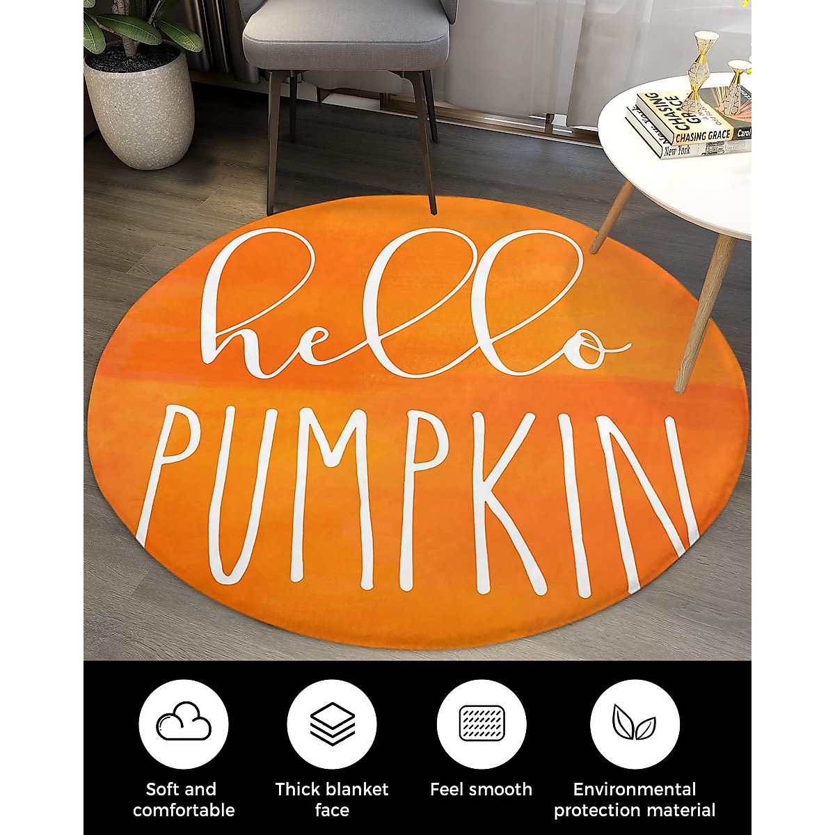 Thanksgiving Fluffy Round Area Rug Carpets 3ft, Plush Shaggy Carpet Soft Circular Rugs, Non-Slip Fuzzy Accent Floor Mat for Living Room Bedroom Nursery Home Decor Burnt Orange Pumpkin Festival